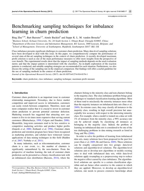 Pdf Benchmarking Sampling Techniques For Imbalance Learning In Churn