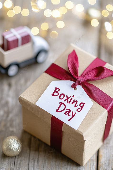 빨간 리본이 달린 선물 상자와 선물을 운반하는 작은 장난감 트럭 옆에 있는 나무 배경에 박싱 데이를 읽는 태그가 있습니다 배경 화면 및 일러스트 무료 다운로드 Pngtree