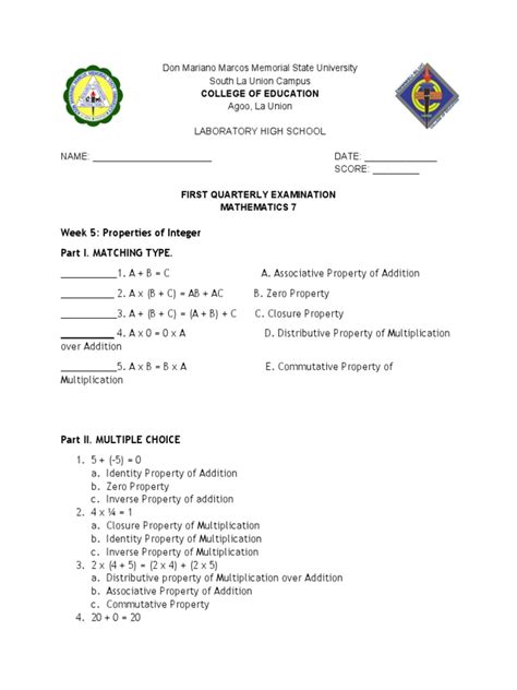 Grade 7 First Quarter Examination 2022 Pdf Numbers Rational Number