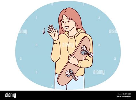 Portrait Of Smiling Millennial Girl With Skateboard Posing Outdoors