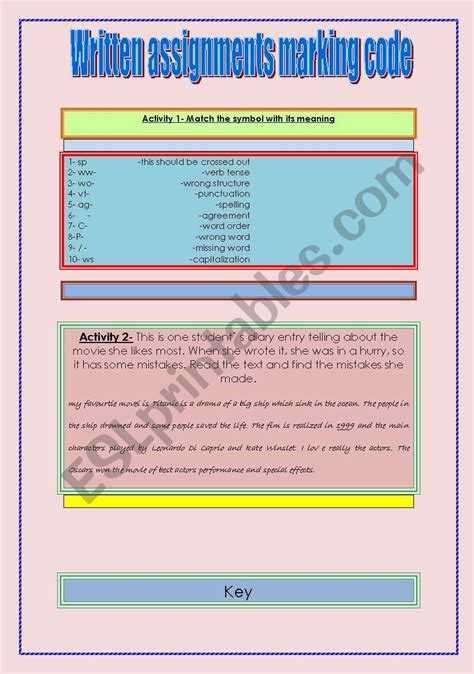 Written Assignments Marking Code Esl Worksheet By Andreamilanon
