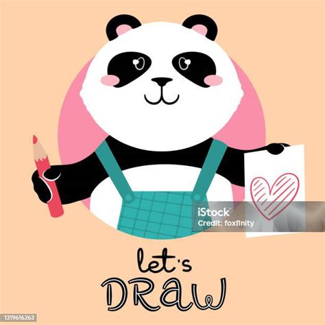 연필 하트와 슬로건의 스케치 귀여운 만화 팬더 곰의 벡터 그림 가공의 인물에 대한 스톡 벡터 아트 및 기타 이미지 가공의
