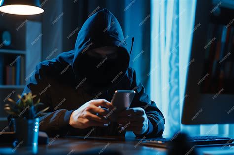 Hacker In Hood Stealing Information From Computer Monitor Cybercrime Concept Premium Ai