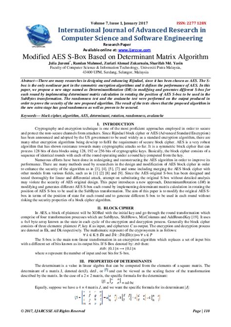 Pdf Modified Aes S Box Based On Determinant Matrix Algorithm