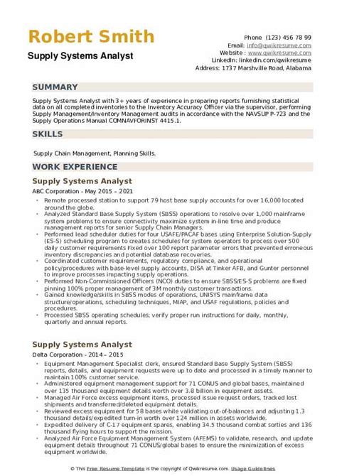Supply Systems Analyst Resume Samples Qwikresume