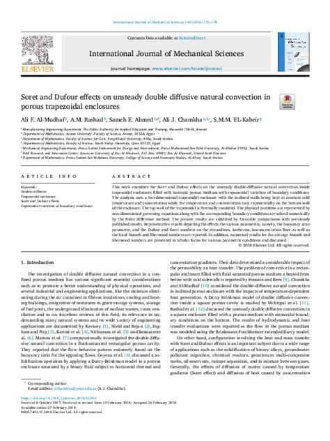 Pdf Soret And Dufour Effects On Unsteady Double Diffusive Natural Convection In Porous