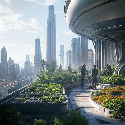 Hightech Urban Rooftop Garden Premium Ai Generated Image