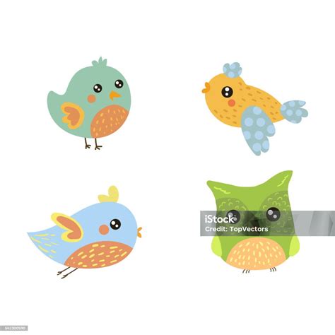 Four Cute Small Birds Collection Stock Illustration Download Image