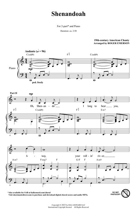 American Folksong Shenandoah Sheet Music For 2 Part Choir Download