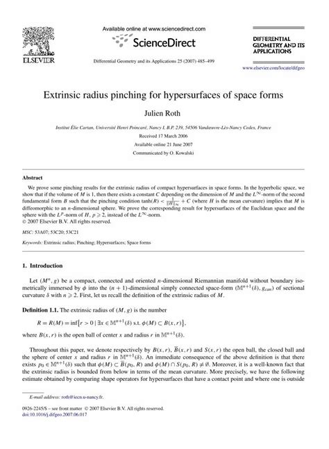 Pdf Extrinsic Radius Pinching For Hypersurfaces Of Space Forms Dokumen Tips