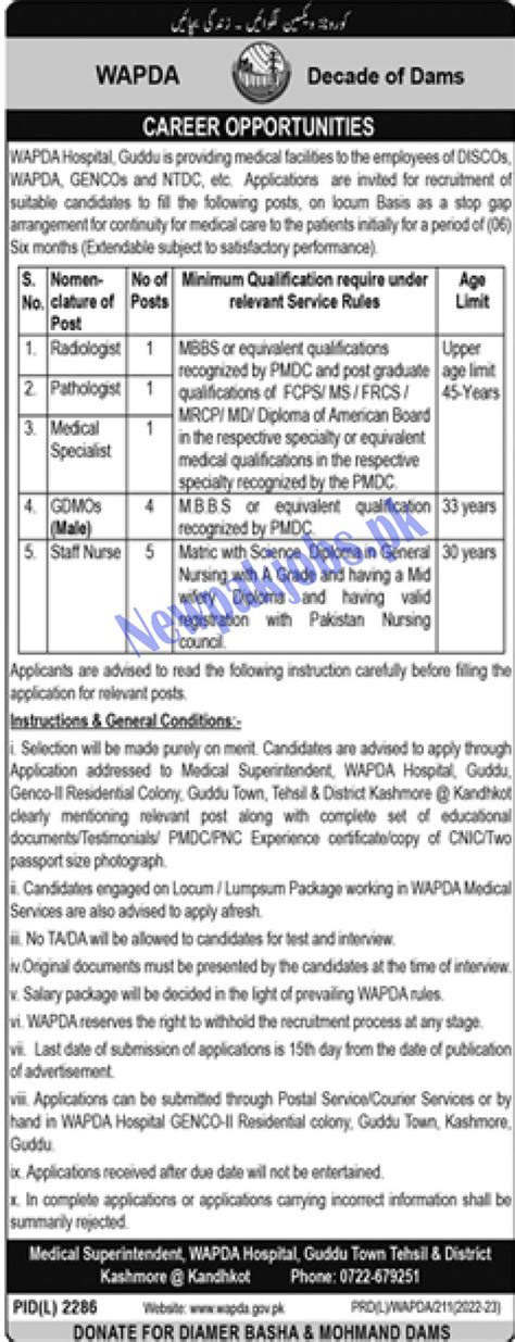 Wapda Hospital Guddu Jobs 2023 Download Application Form