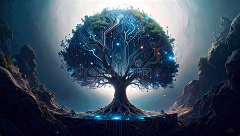 Circuit Tree Growing On Ai Microchip Platform Ai Themed Background