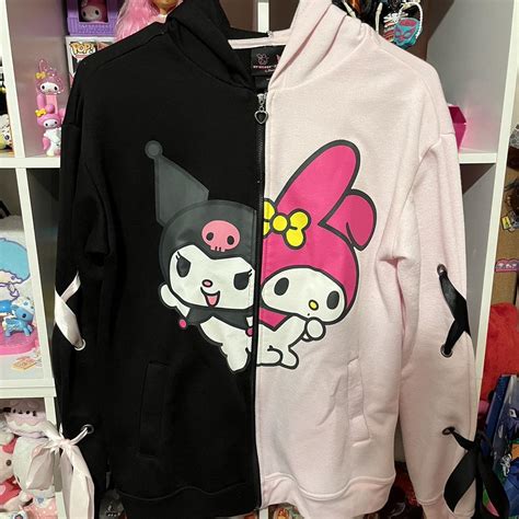 Kuromi And My Melody Split Zip Up Hoodie Ribbon Laces Depop