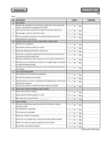 Fillable Online Tiling Work Checklist 1305 Fax Email Print Pdffiller