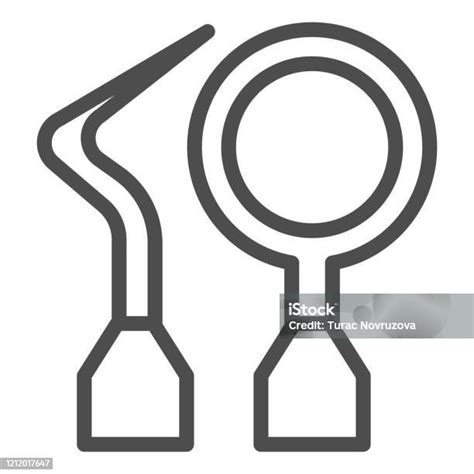 치과 악기 라인 아이콘입니다 치과 의사 도구 첨탑 과 거울 기호 흰색 배경에 윤곽 스타일 그림 모바일 개념 및 웹 디자인에 대한