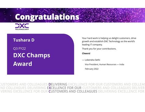 Tushara D On Linkedin Delighted To Receive Q3 Fy22 Dxc Champs Award
