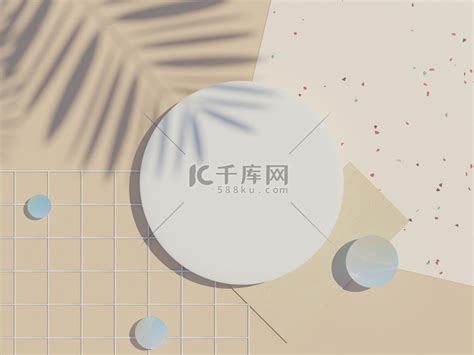 3d 渲染白色空白圆筒框架的顶视图，用于模拟和展示带有棕榈叶阴影、大地色调和水磨石墙背景的产品。高清摄影大图 千库网