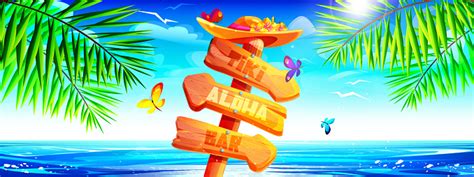 만화 스타일의 알로하 하와이 열대 휴가 개념 나비와 야자수가 있는 열대 햇살이 내리쬐는 바다 배경에 하와이 인사말이 있는 오래된 나무 도로 표지판 빅 아일랜드 하와이 제도에