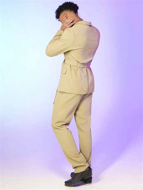 Manfinity Hypemode Men Lapel Neck Belted Blazer Suit Pants Set