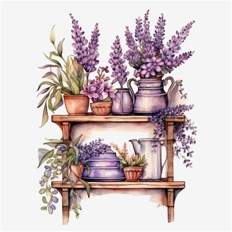 Premium AI Image A Watercolor Painting Of A Shelf With Purple Flowers