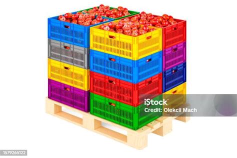 나무 팔레트에 빨간 사과로 가득 찬 플라스틱 상자 흰색 배경에 격리된 3d 렌더링 3차원 형태에 대한 스톡 사진 및 기타 이미지 3차원 형태 가득 찬 개념 Istock