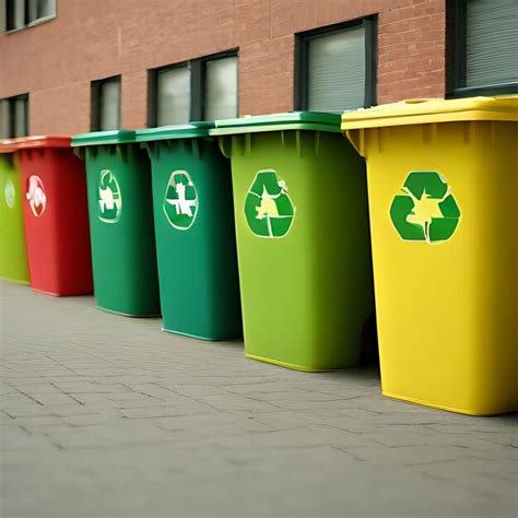 A Row Of Yellow And Green Bins With Recyclables On The Side Premium