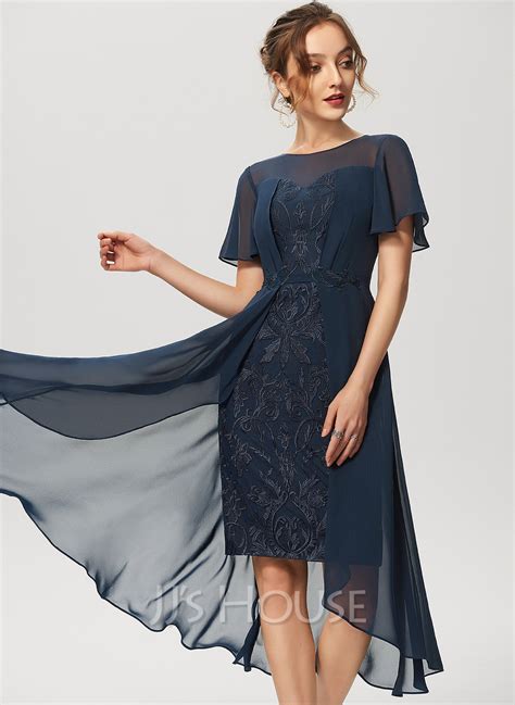 Sheathcolumn Scoop Neck Asymmetrical Chiffon Lace Cocktail Dress
