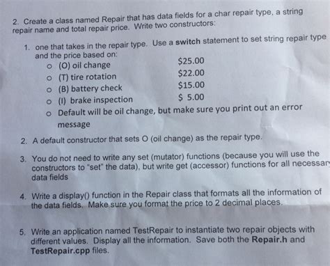 solved create a class named repair that has data fields for