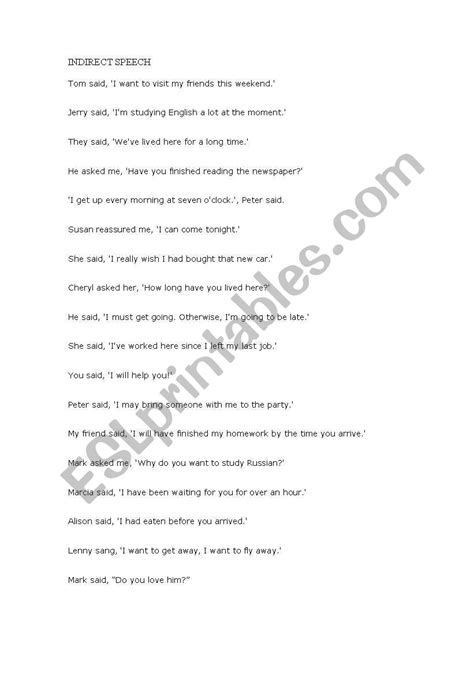 INDIRECT SPEECH ESL Worksheet By Varahiel