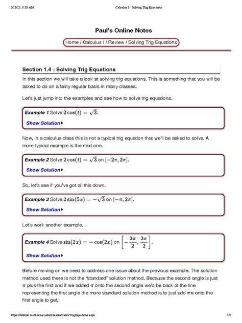Calculus I Solving Trig Equations Pdf Trigonometry Triangle Geometry Calculus I Solving Trig Equations Pdf Trigonometry Triangle Geometry