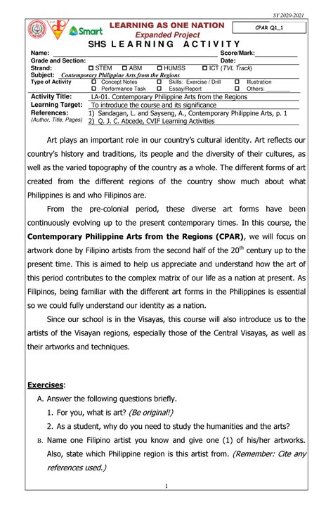 Cpar Q1 Las 01 Contemporary Philippine Arts From The Regions L L E E
