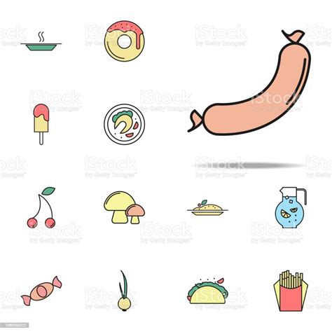 소시지의 착 색 된 아이콘입니다 웹 및 모바일에 대 한 보편적인 음식 아이콘 설정 고기에 대한 스톡 벡터 아트 및 기타 이미지