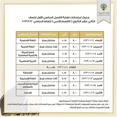 جدول امتحانات الثانوية العامة 20232022 في الكويت اختبارات الفصل