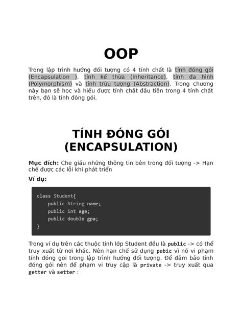 OOP ded OOP Trong lập trình hướng đối tượng có 4 tính chất là tính