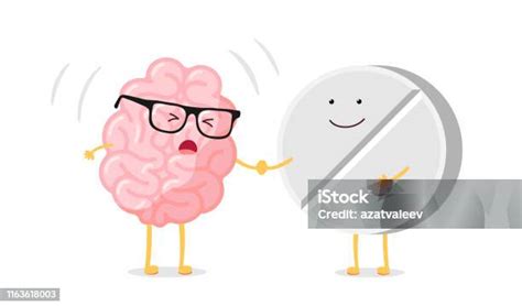 두통 및 약 알 약 으로 귀여운 만화 아픈 인간의 두뇌 아픈 중추 신경계 기관 플랫 벡터 만화 고통 캐릭터 일러스트 알약에 대한 스톡 벡터 아트 및 기타 이미지 Istock