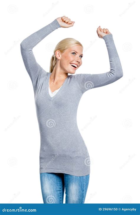 Helft Lengte Portret Van Wijfje Met Omhoog Vuisten Stock Foto Image