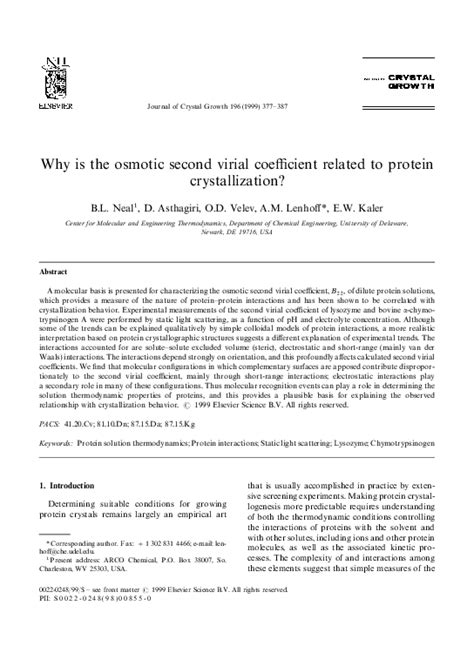 Pdf Why Is The Osmotic Second Virial Coefficient Related To Protein Crystallization