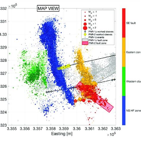 map view of pnr microseismic event locations sized by magnitude and
