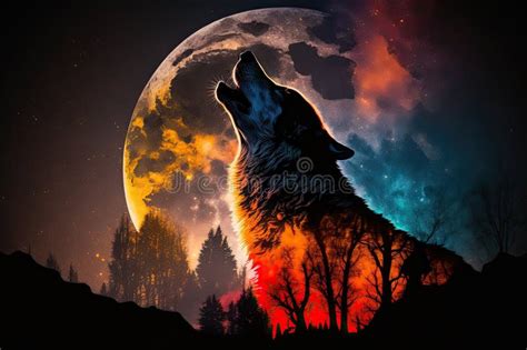 Double Exposure Of Wolf Howling At The Moon With Silhouette Of Full