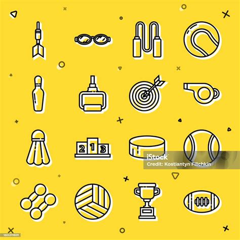 미식 축구 공 테니스 호루라기 줄넘기 Tpx 루프 훈련 장비 볼링 핀 다트 화살표 및 아이콘이있는 표적을 설정합니다 벡터 건강한 생활방식에 대한 스톡 벡터 아트 및 기타