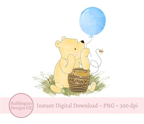 Classic Winnie The Pooh Blue Balloon Birthday Sublimation Design PNG
