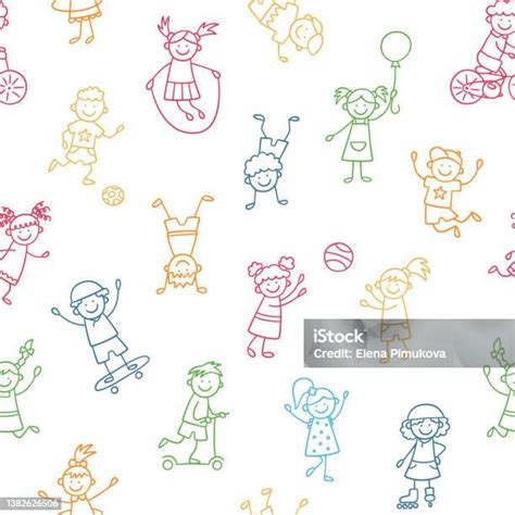 낙서 아이들과 원활한 패턴 손으로 그려진 재미 작은 아이들은 재생 실행 및 점프 컬러 귀여운 어린이 크레용 드로잉 흰색 배경의 낙서 스타일의 벡터 일러스트레이션 아이에 대한