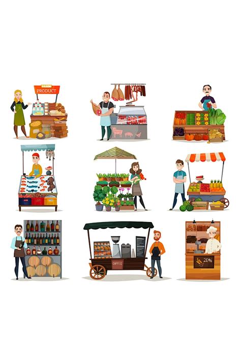 售卖食材商品的卡通摊位矢量元素 花瓣网