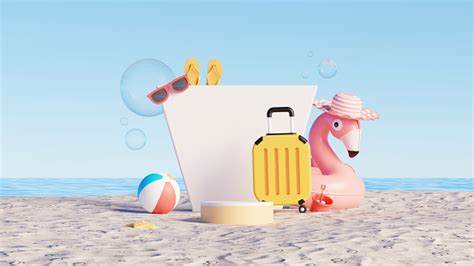 3d 렌더링 여행 가방 플라밍고 플로트 및 빈 간판이 있는 제품 해변 배경을 보여주기 위한 여름 디스플레이 연단 3차원 형태에 대한 스톡 사진 및 기타 이미지 Istock