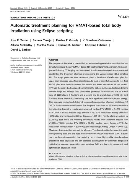 Pdf Automatic Treatment Planning For Vmat Based Total Body Irradiation Using Eclipse Scripting