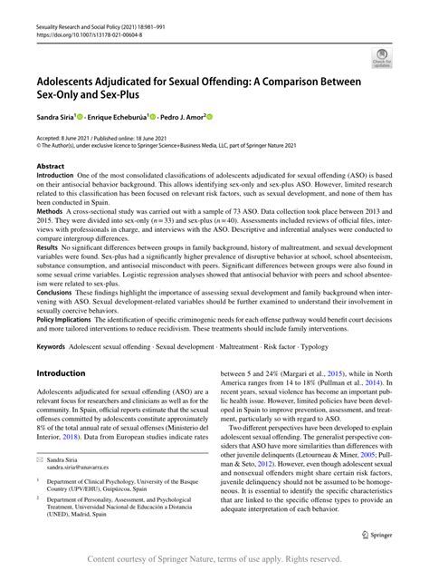 Adolescents Adjudicated For Sexual Offending A Comparison Between Sex Only And Sex Plus