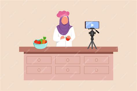 그녀의 전화와 삼각대로 녹음하는 젊은 요리사 소녀 요리 비디오를 만들기 위해 가상 개념 평면 벡터 일러스트 레이 션 프리미엄 벡터