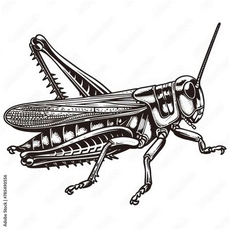 An Engraving Of A Grasshopper Shown In Profile Facing The Viewers