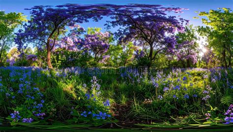 Lush Spring Landscape With Purple Trees And Blue Flowers Stock
