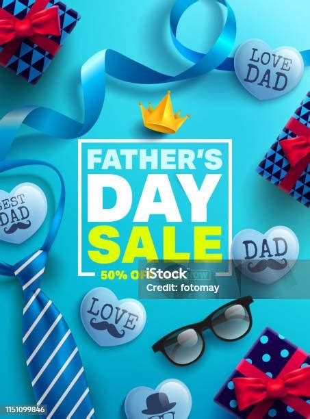 아버지의 날 세일 프로 모션 포스터 또는 텍스트 내부와 아빠 개념에 대 한 선물 상자 귀여운 블루 하트와 배너 아버지의 날을 위한 승진 및 쇼핑 템플릿 벡터 일러스트 레이